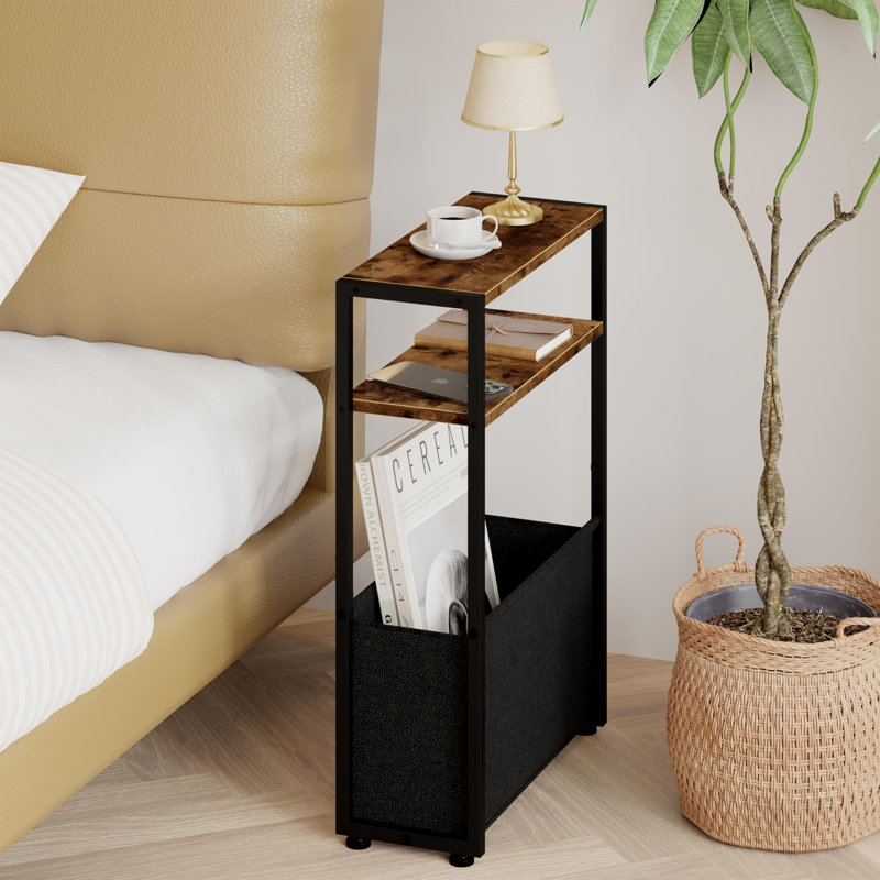 Small Narrow Side Table with Storage Pouch Thin Side Table for Small Spaces Slim Bedside Table Vintage Brown 17 Stories